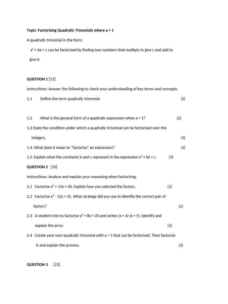 Factorising Quadratic Trinomials Guide | PDF | Factorization | Arithmetic