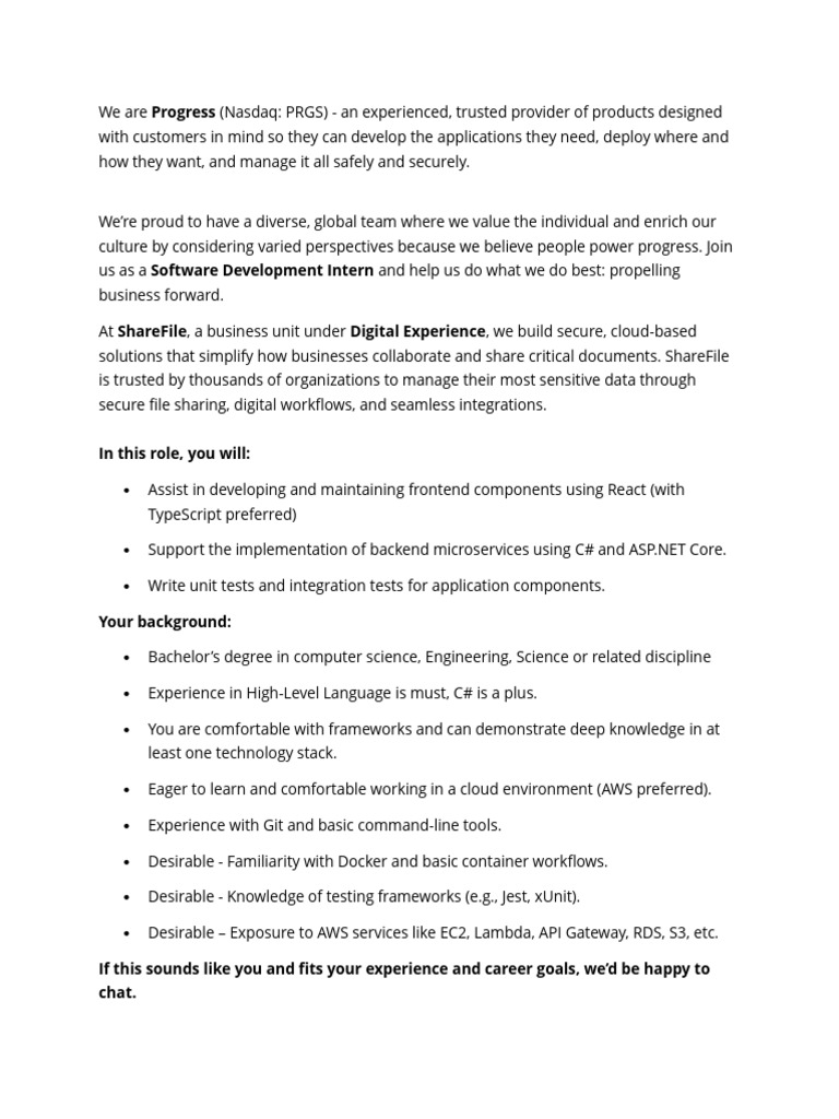 Software Intern JD - Progress ShareFile | PDF