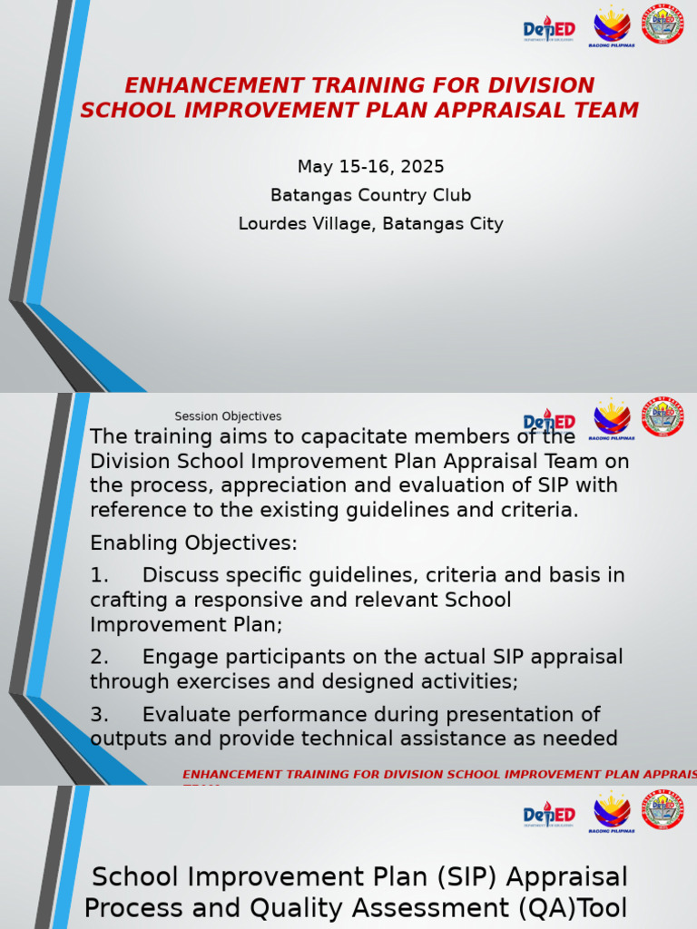 School Improvement Plan Training 2025 | PDF | Goal | Quality Assurance