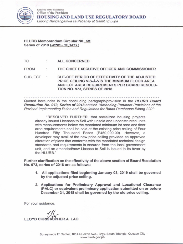 HLURB Price Ceiling Guidelines 2019 | PDF