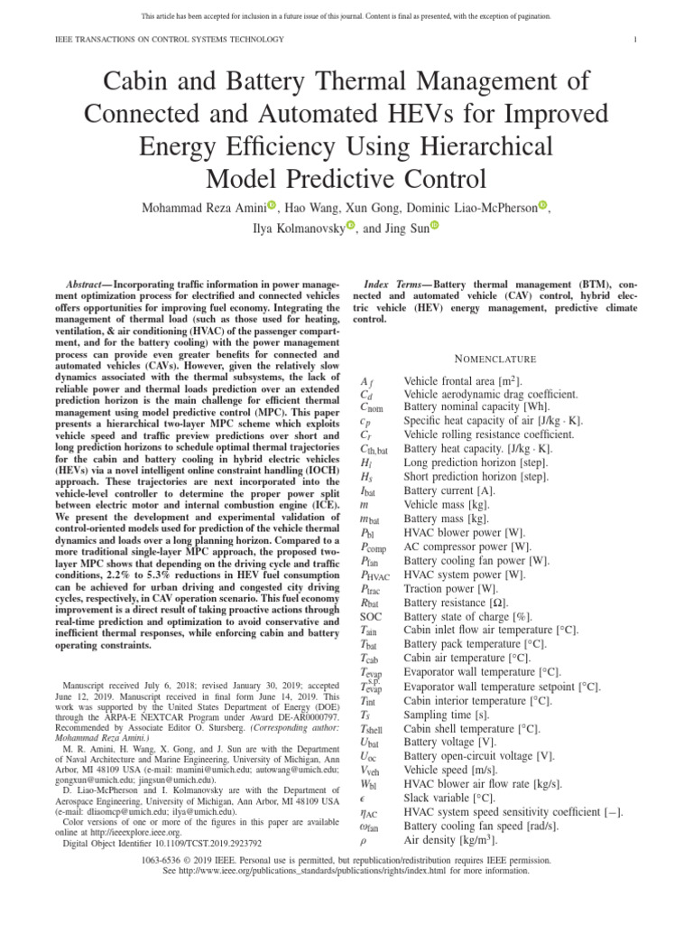 Cabin and Battery Thermal Management of Connected and Automated HEVs for Improved Energy ...