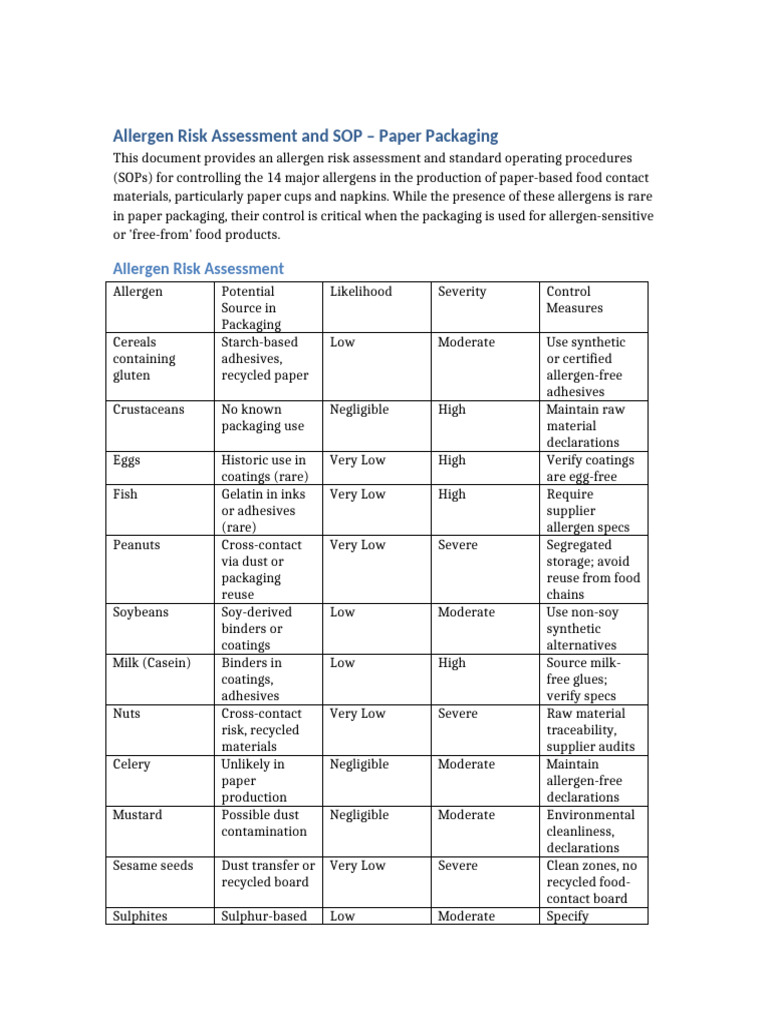 Allergen Risk Assessment and SOP Paper Packaging | PDF | Adhesive | Paper