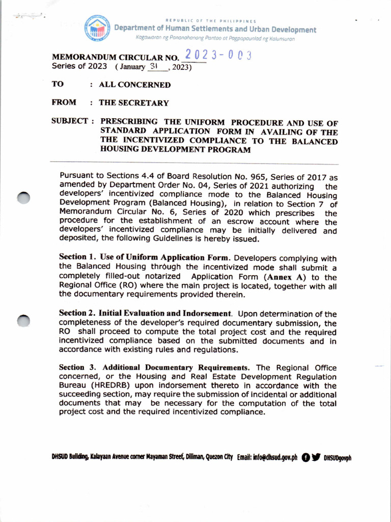 DHSUD Memorandum Circular No. 2023-003 | PDF