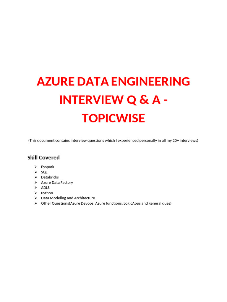 Azure Data Engineering Interview Q & A - Topicwise | PDF | Apache Spark | Databases