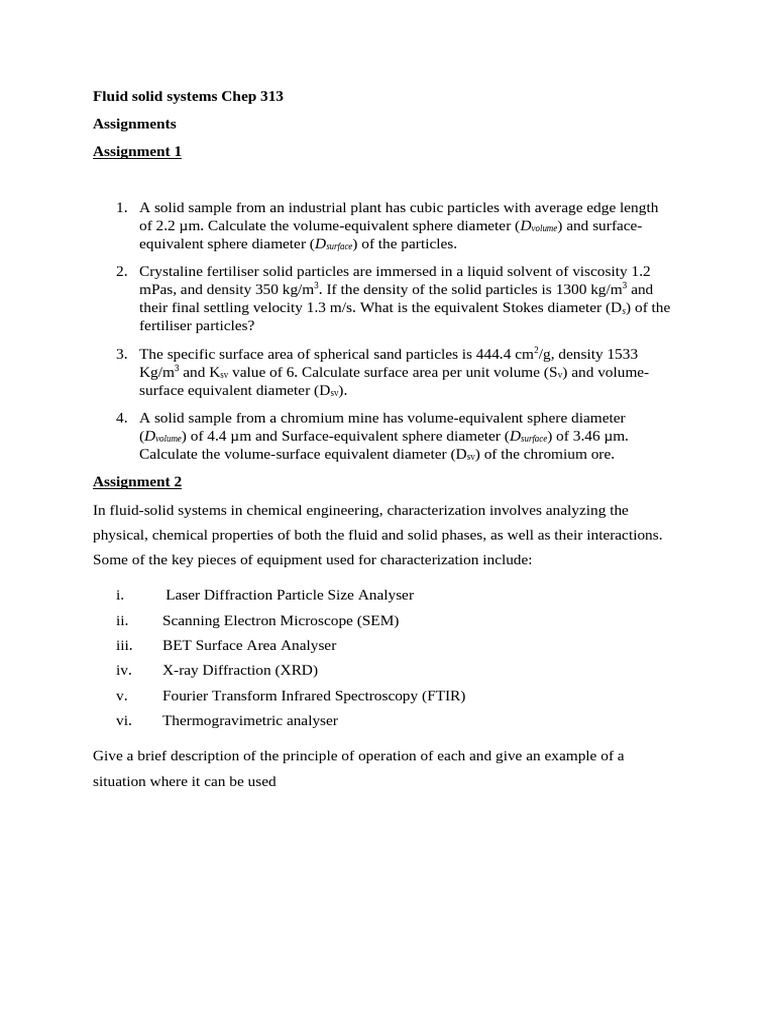 Fluid Solid Systems Chep 313 Assignments | PDF