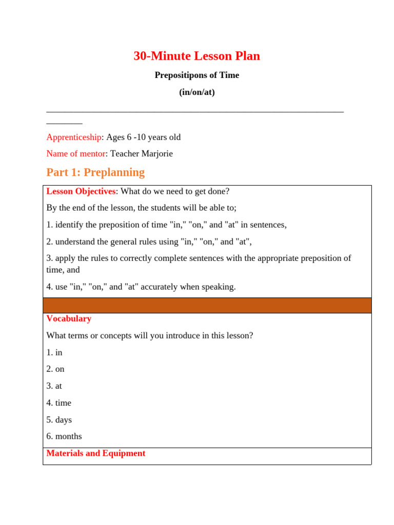 30 Minute Lesson Plan Prepositions of Time | PDF | Cognitive Science | Human Communication