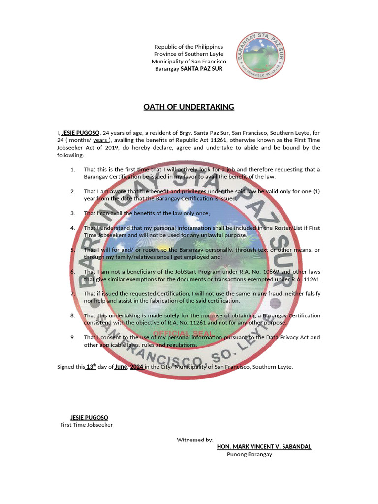 Oath of Undertaking Jesie Pugoso | PDF | Government | Common Law