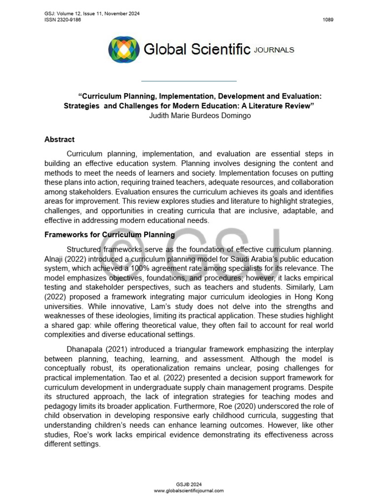 Curriculum Planning Implementation Development and Evaluation ...
