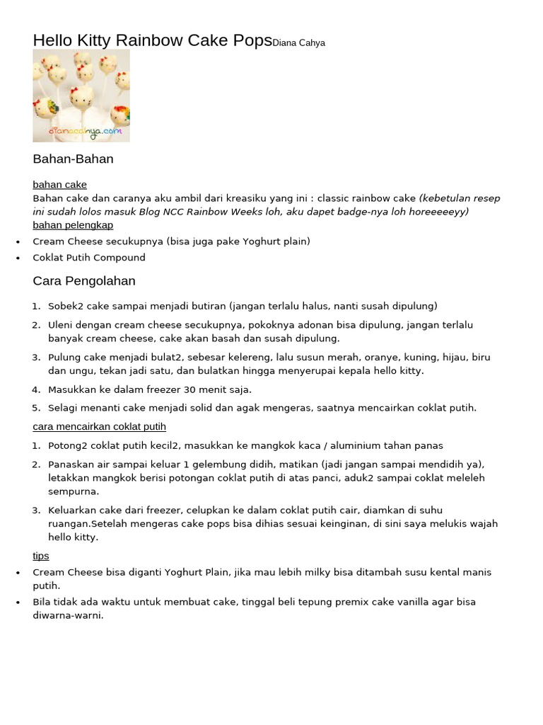 Resep Cake Pops Hello Kitty Pelangi | PDF