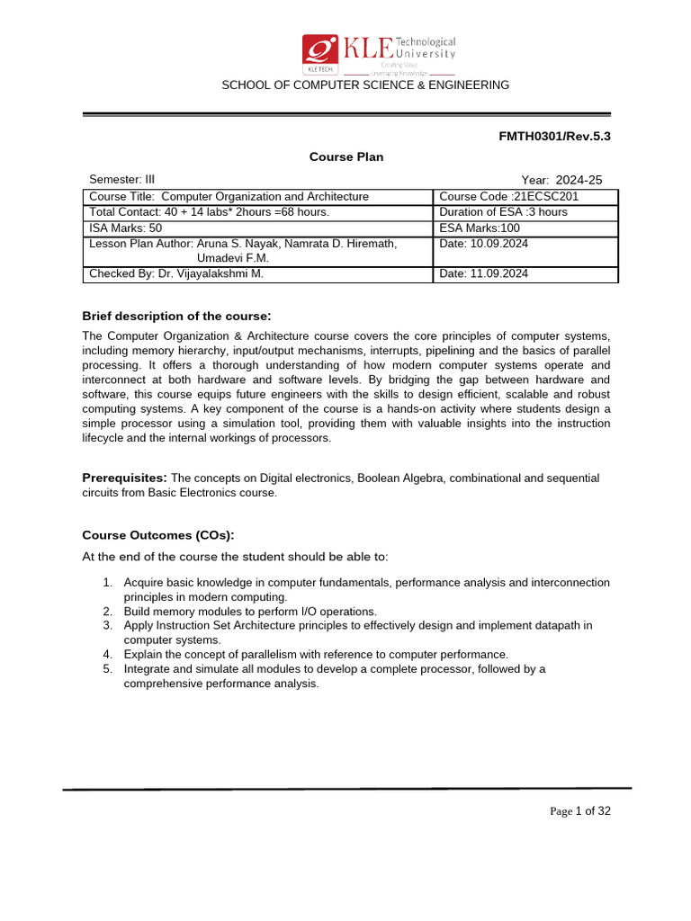 COA (21ECSC201) Lesson Plan 13th Sept 2024 | PDF | Central Processing Unit | Cpu Cache
