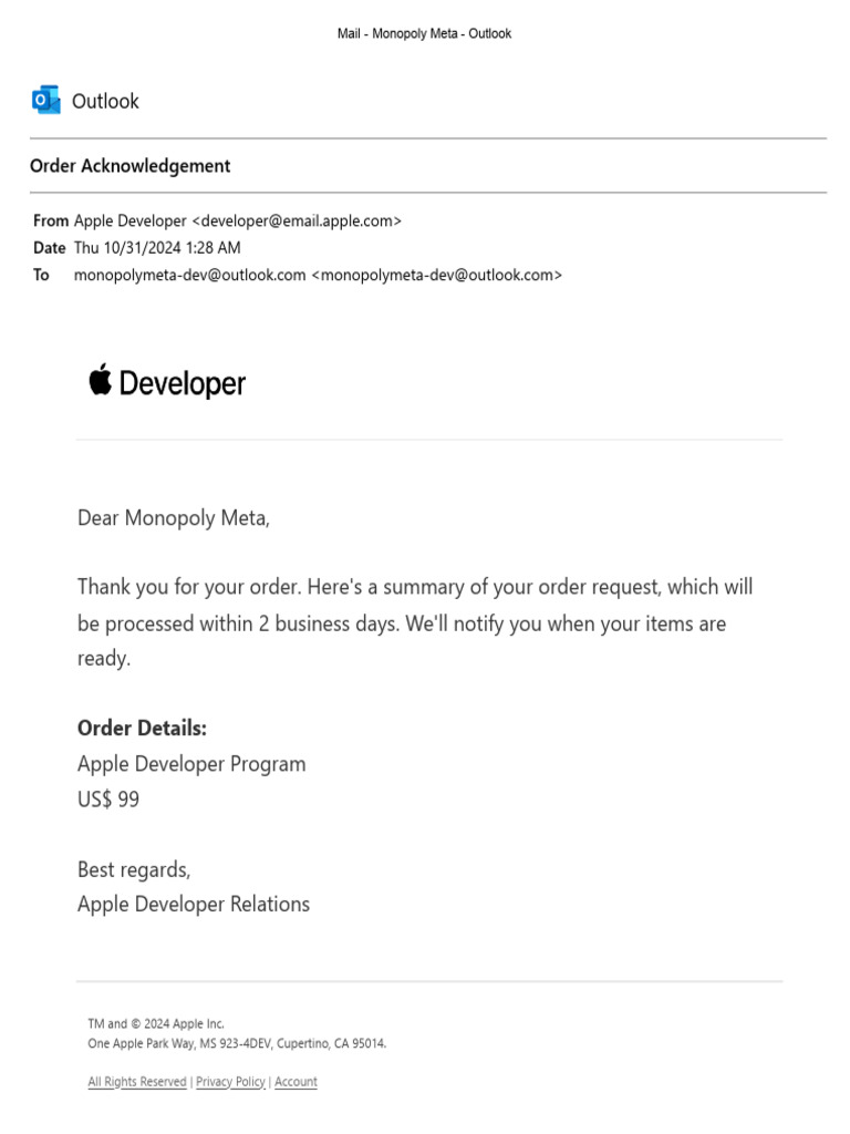Apple Developer Order Confirmation | PDF