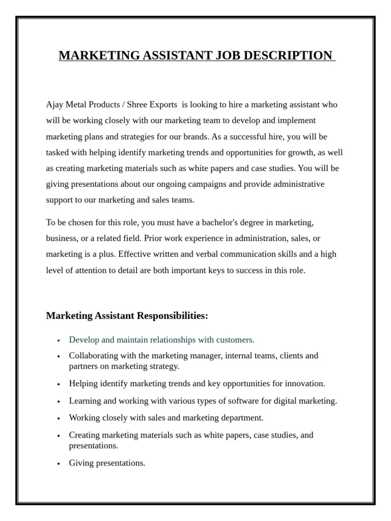 Marketing Assistant Job Description | PDF | Marketing | Digital Marketing