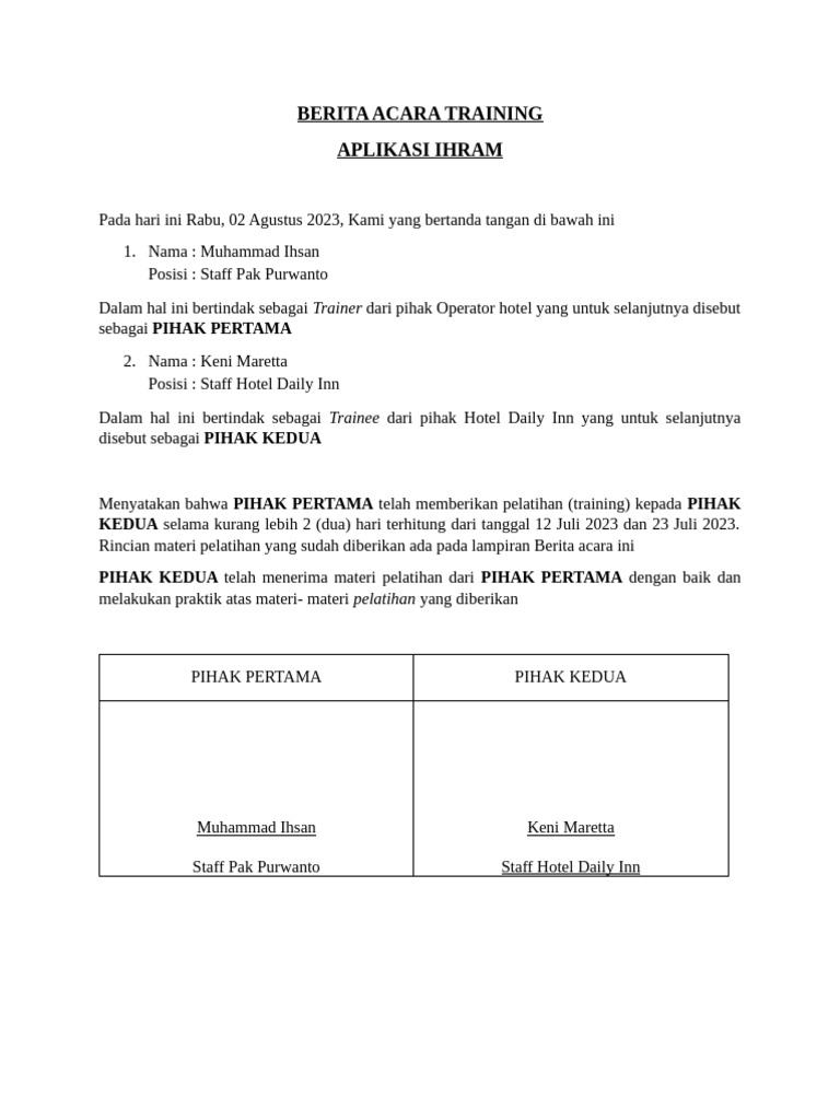Berita Acara Training Aplikasi Ihram | PDF