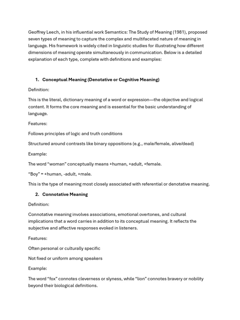 7 Types of Meaning by Geoffrey Leech | PDF | Semantics | Grammar