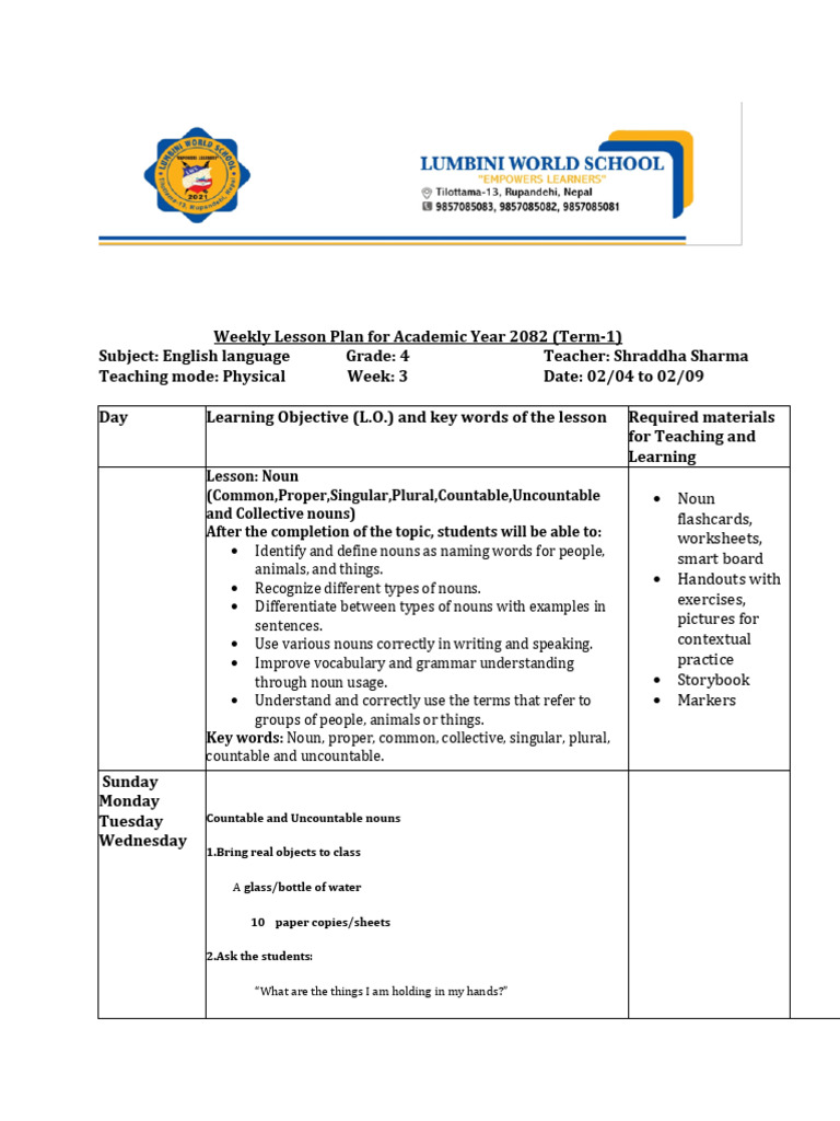 Weekly Lesson Plan 2082 Nouns G4 (Term-1,Week-3) (2) | PDF | Noun | Plural
