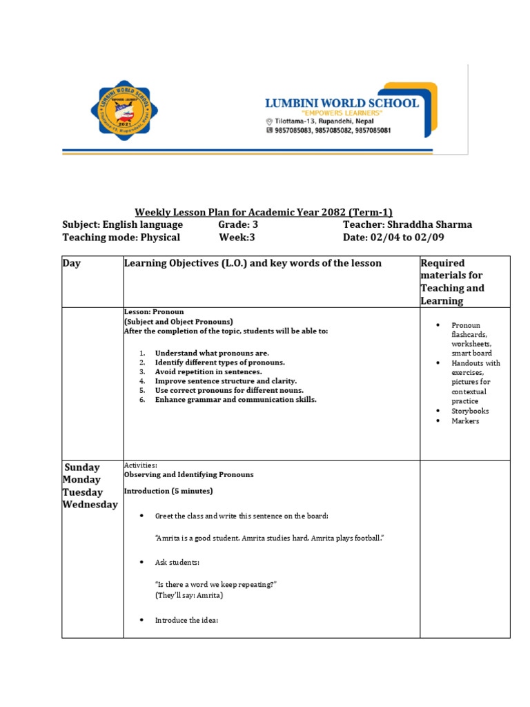 Weekly Lesson Plan 2082 Nouns G3 (Term-1, Week-3) | PDF | Pronoun | Lesson Plan