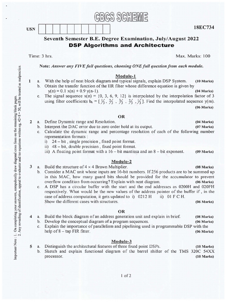 18EC734 DSP Algorithms and Architecture Aug-22 | PDF