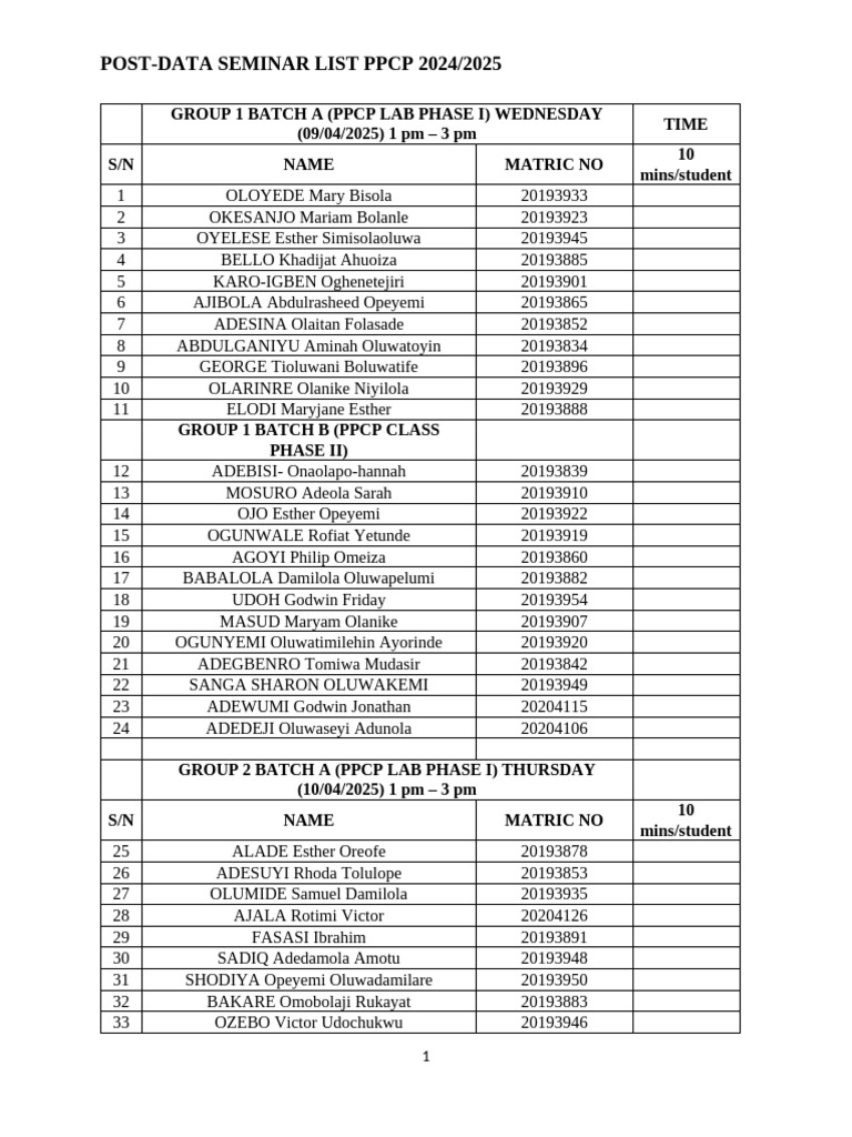 PPCP 2024/2025 Seminar Schedule | PDF