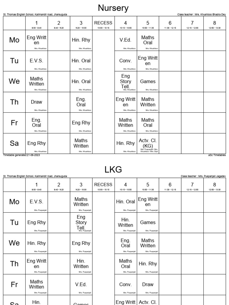 Nur To XII (2023-2024) Class Offline Timetable (After Summer Vacation) - 13 | PDF