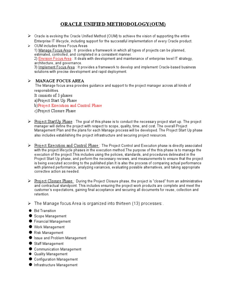 Oracle Unified Methodology (Oum) : Project Execution and Control Phase ...
