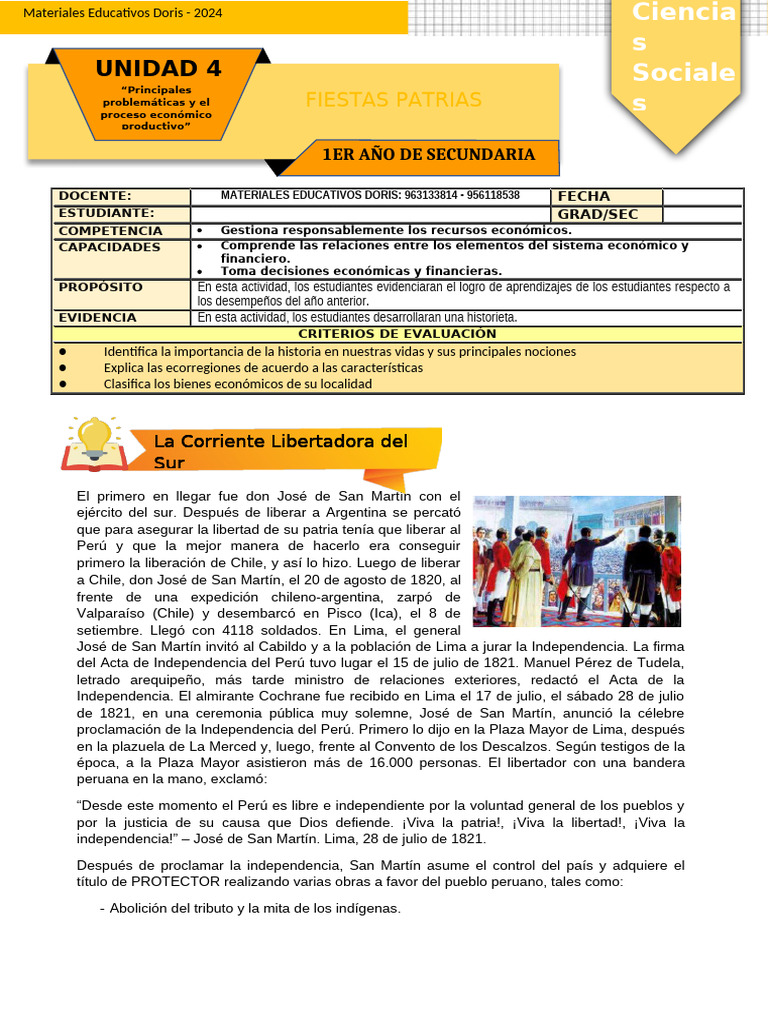 Ficha de Actividad CCSS 1° - Fiestas Patrias | PDF | Perú | América del Sur