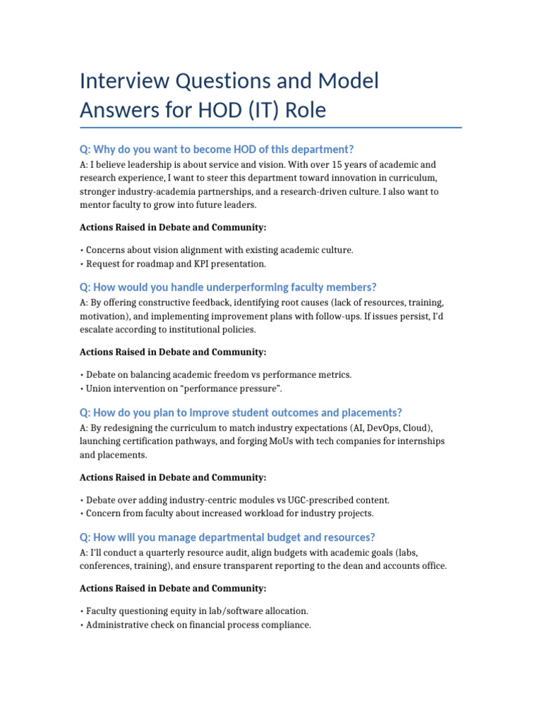 HOD IT Interview Questions | PDF