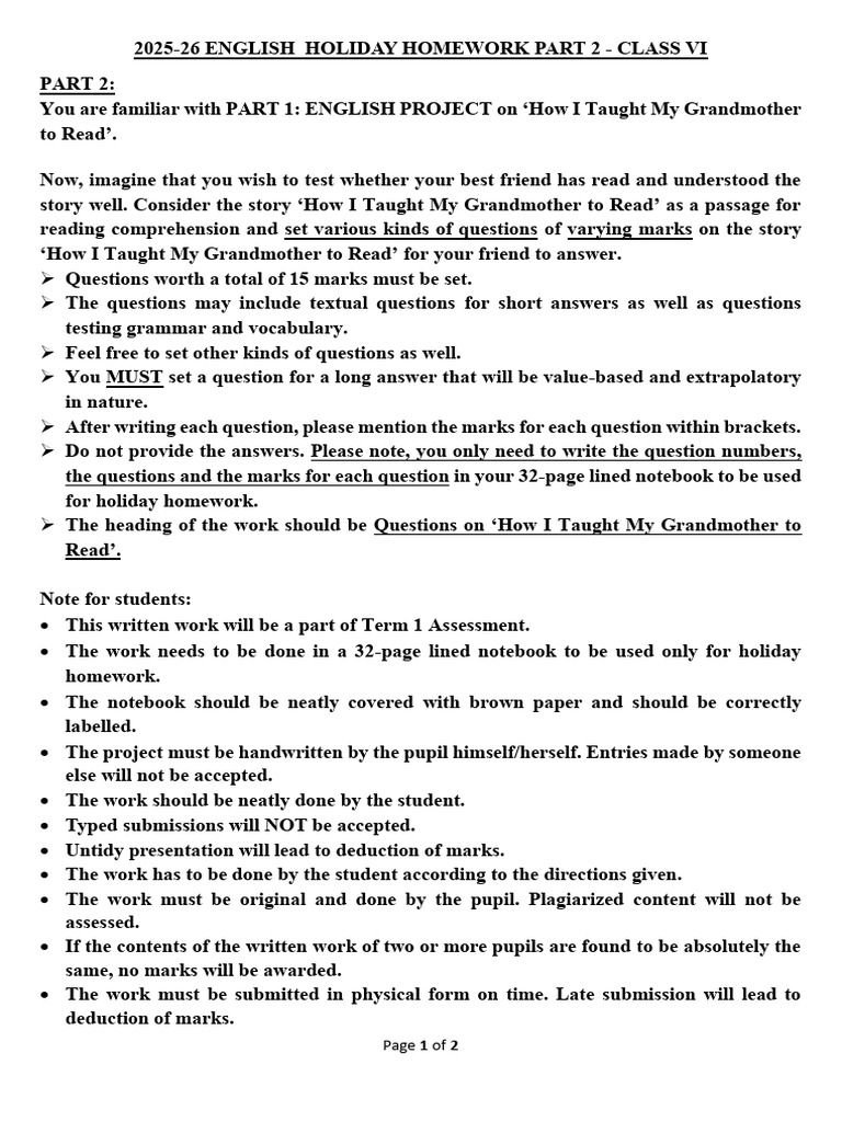 Class Vi - English - HHW - Part 2 | PDF