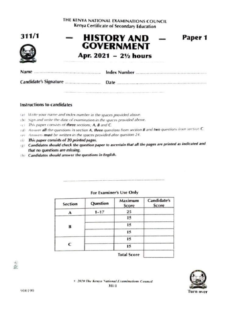 History Paper 1 Kcse 2020 - 1619183263 | PDF