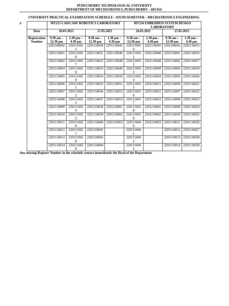 VI Sem Schedule of Mechatronics Lab | PDF | Engineering | Computing