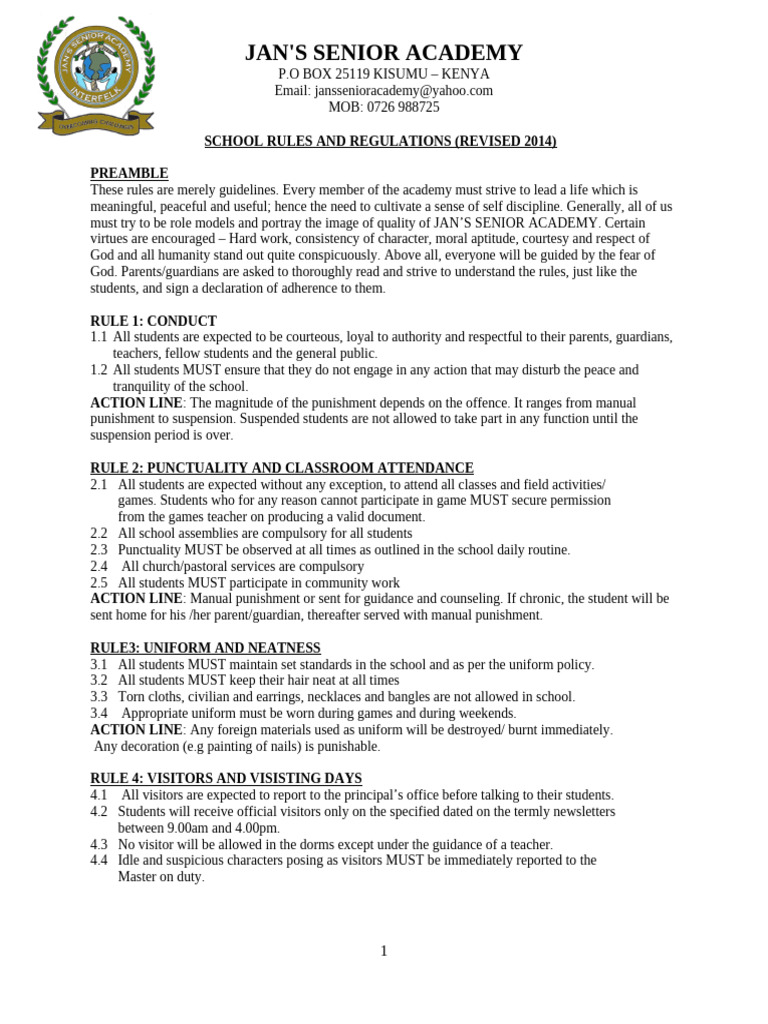 Jan's Senior Academy Rules 2014 | PDF | Teachers