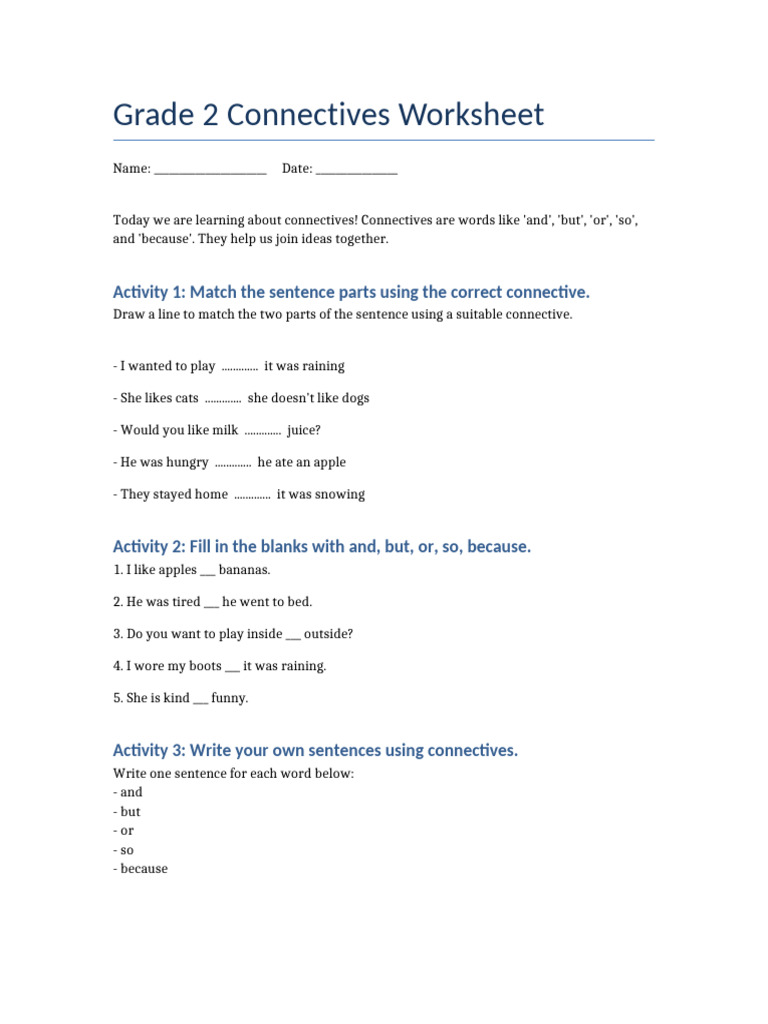 Grade 2 Connectives Worksheet | PDF
