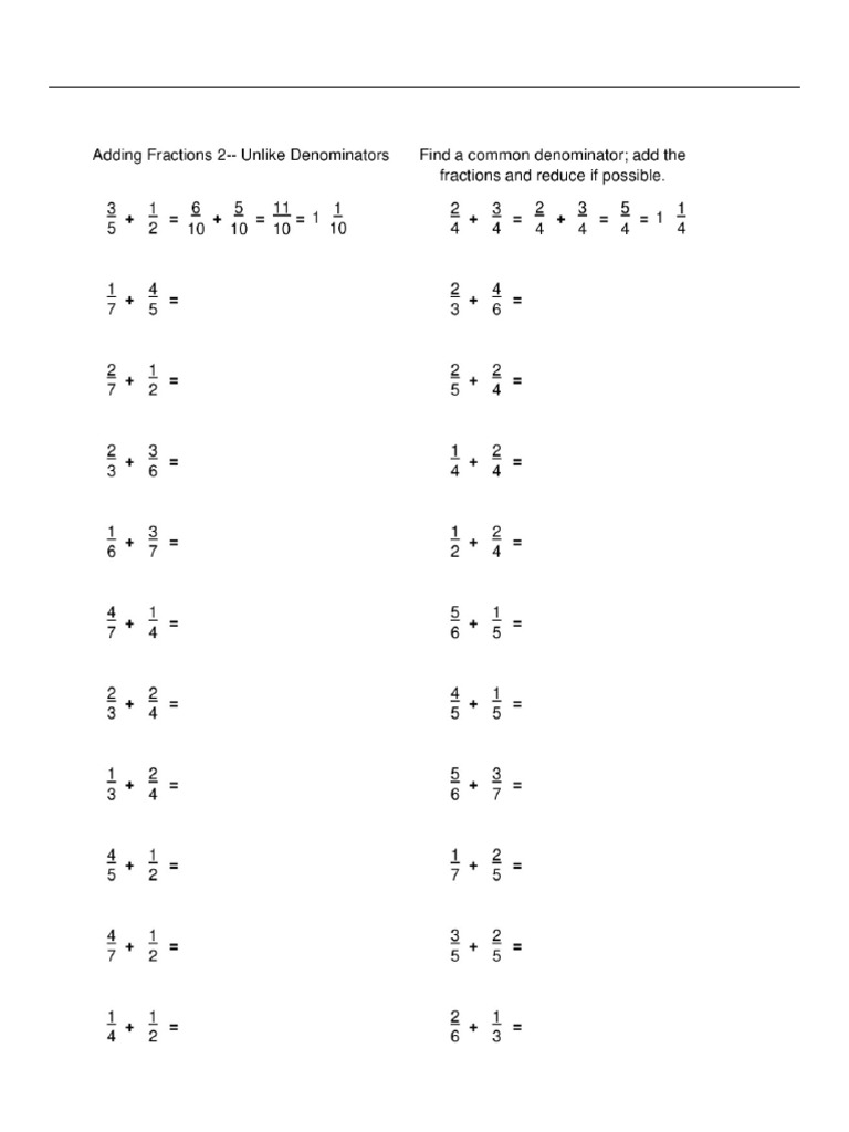 Adding Fractions - Unlike Denominators | PDF