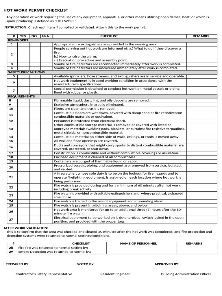 D. Hot Work Permit Checklist (Attach Only If You Have Hot Works) | PDF ...