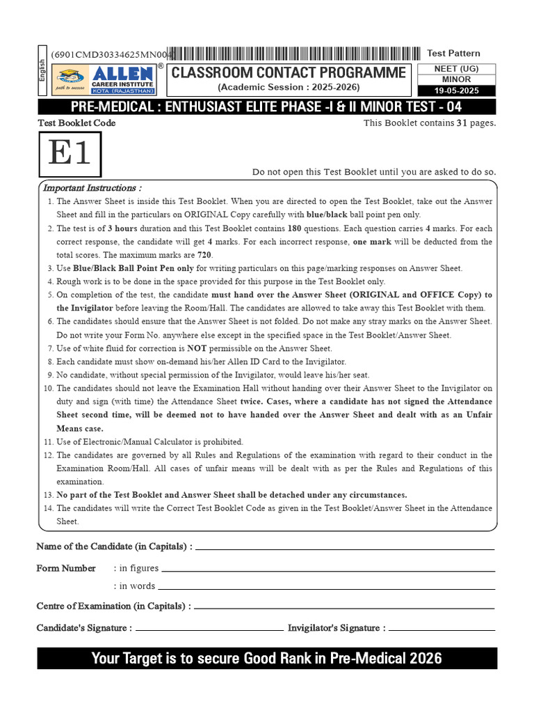 19-05-2025 Pre-Medical Enthusiast Elite Phase-I & Ii Minor Test-04 - QP ...