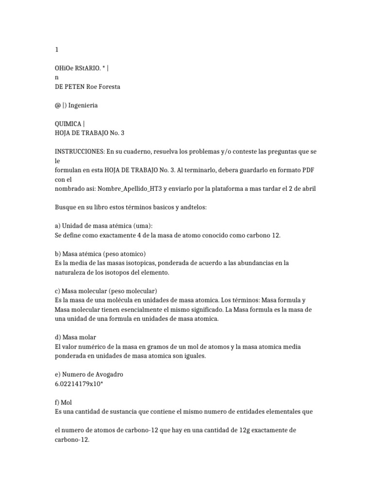 Conceptos Clave de Química en Hoja de Trabajo | PDF