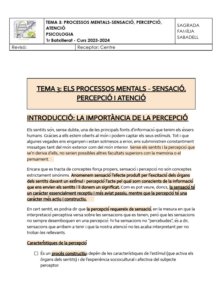Apunts T3 - Sensació, Percepció, Atenció | PDF