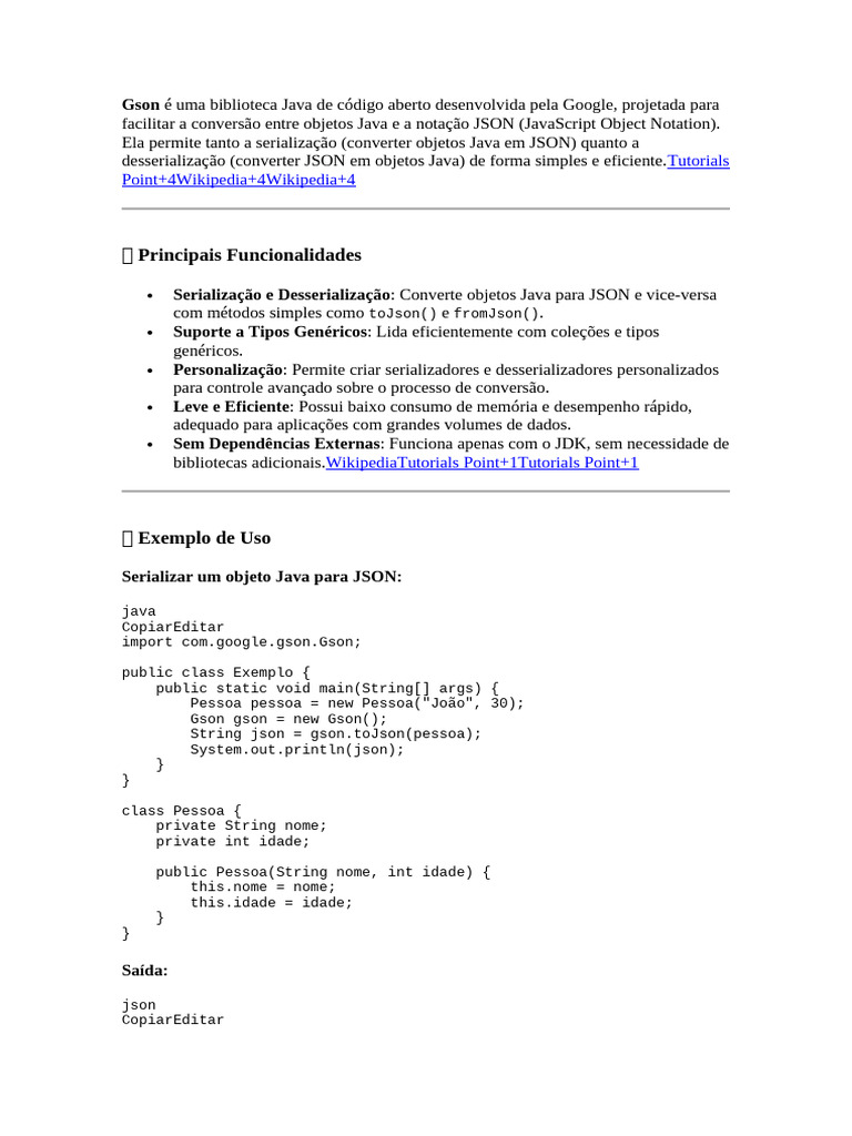 Gson É Uma Biblioteca Java de Código Aberto Desenvolvida Pela Google | PDF | Json | Java ...