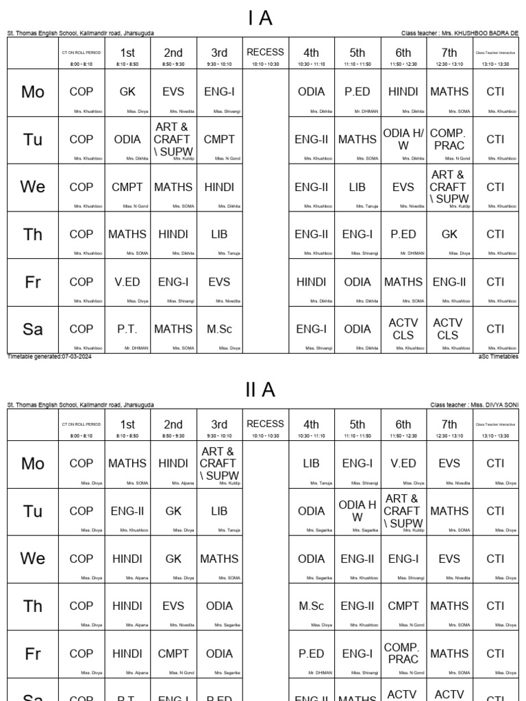 Class - 1 To 10 & 12 Student Timetable 1 2024-2025 (Before Summer Vac ...