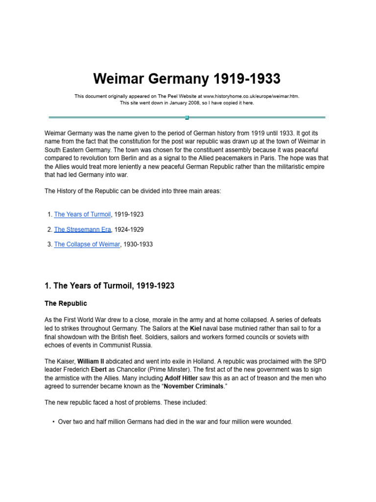 Weimar Germany 1919-1933 | PDF | Weimar Republic | Government