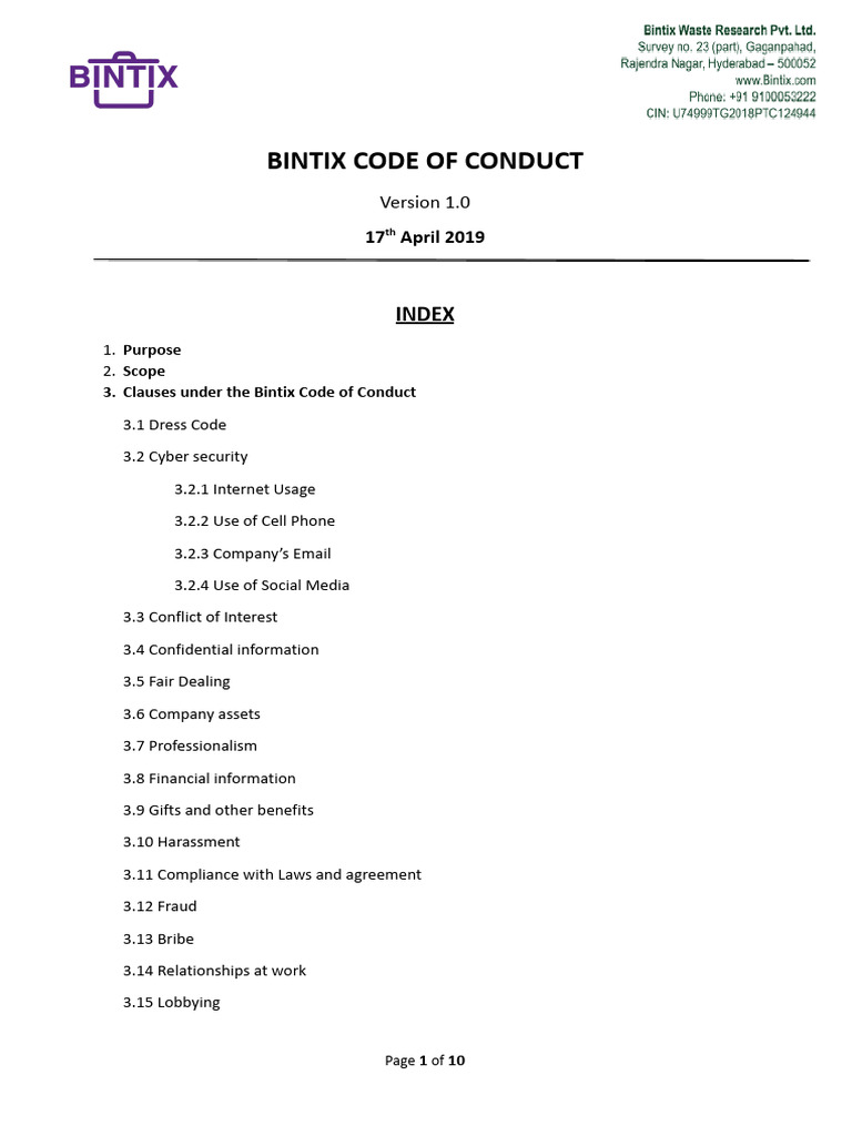 Bintix Code of Conduct Guidelines | PDF | Sexual Harassment | Conflict ...