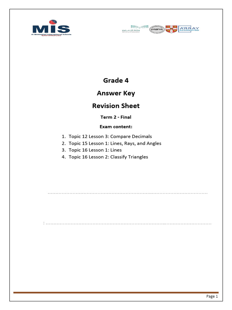 G4-T2-Final - Revision - Sheet - Answer Key | PDF | Perpendicular | Triangle