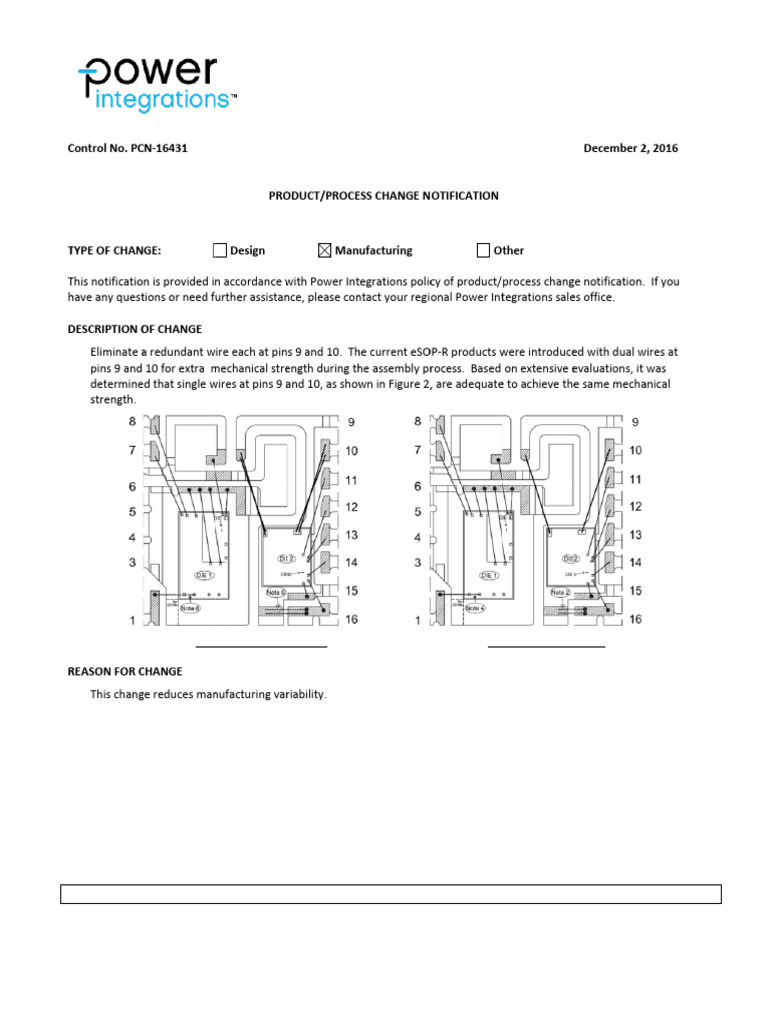 Power Integrations PCN 16431 eSOP R Single Wire | PDF
