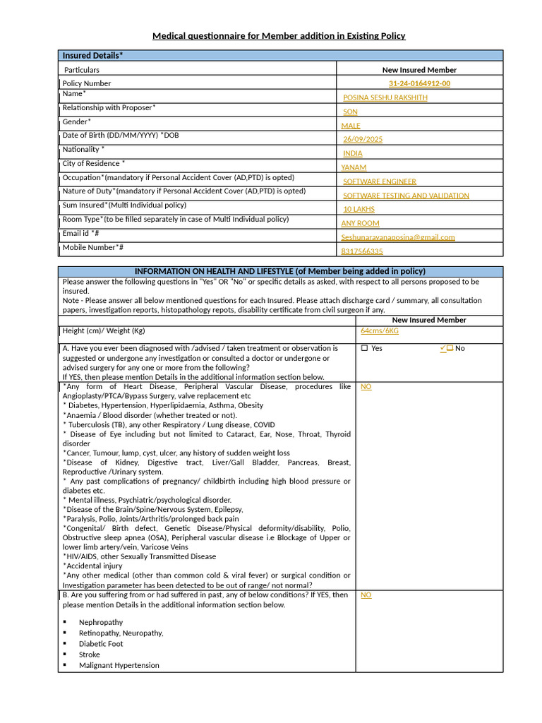 Medical Questionnaire-1 - 2 Page-New Add Member 1 | PDF | Hypertension ...