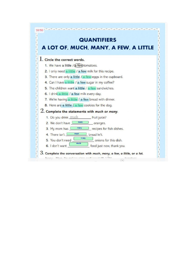 Quantifiers A Lot of Many Much A Few A Little | PDF
