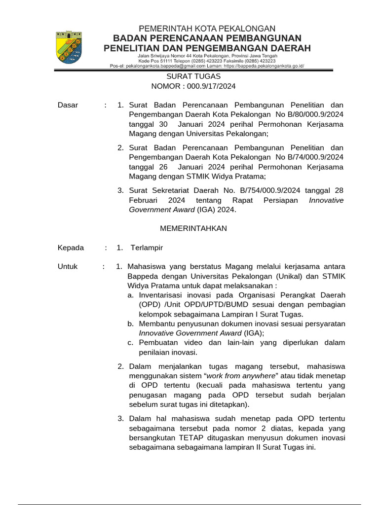 Surat Tugas Magang Mahasiswa Bappeda | PDF
