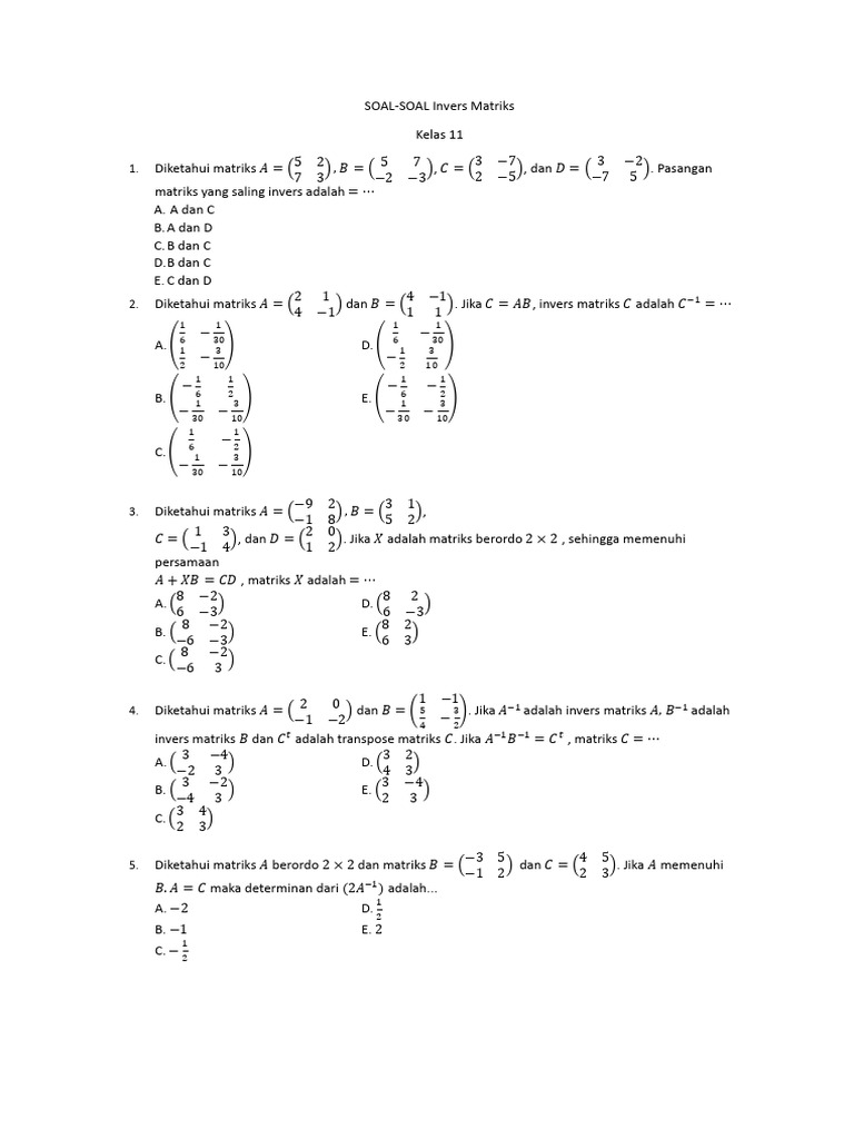 Soal Invers Matriks Kelas 11 | PDF