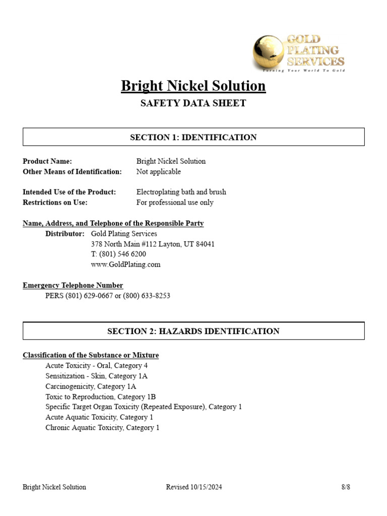 Bright Nickel SDS 2025 | PDF | Toxicity | Nickel