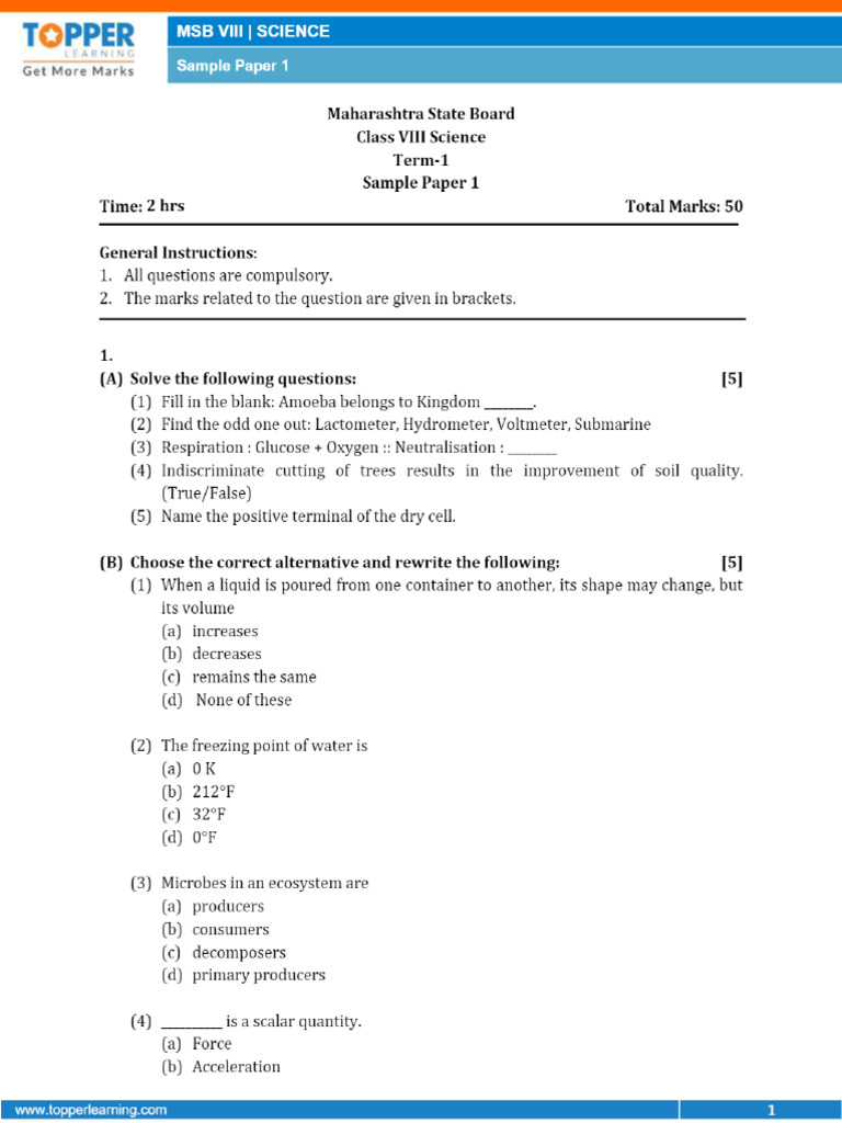 Sample Papers For MSB Class 8 Science Term 1 #1 Questions ...