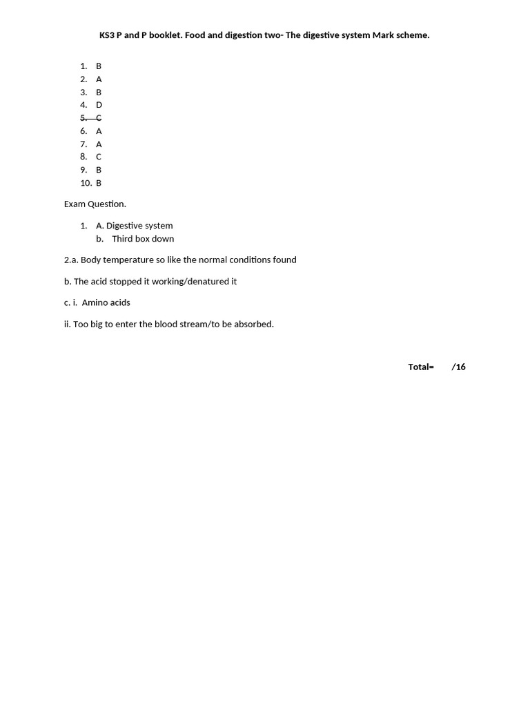 KS3 Food and Digestion Mark Scheme | PDF