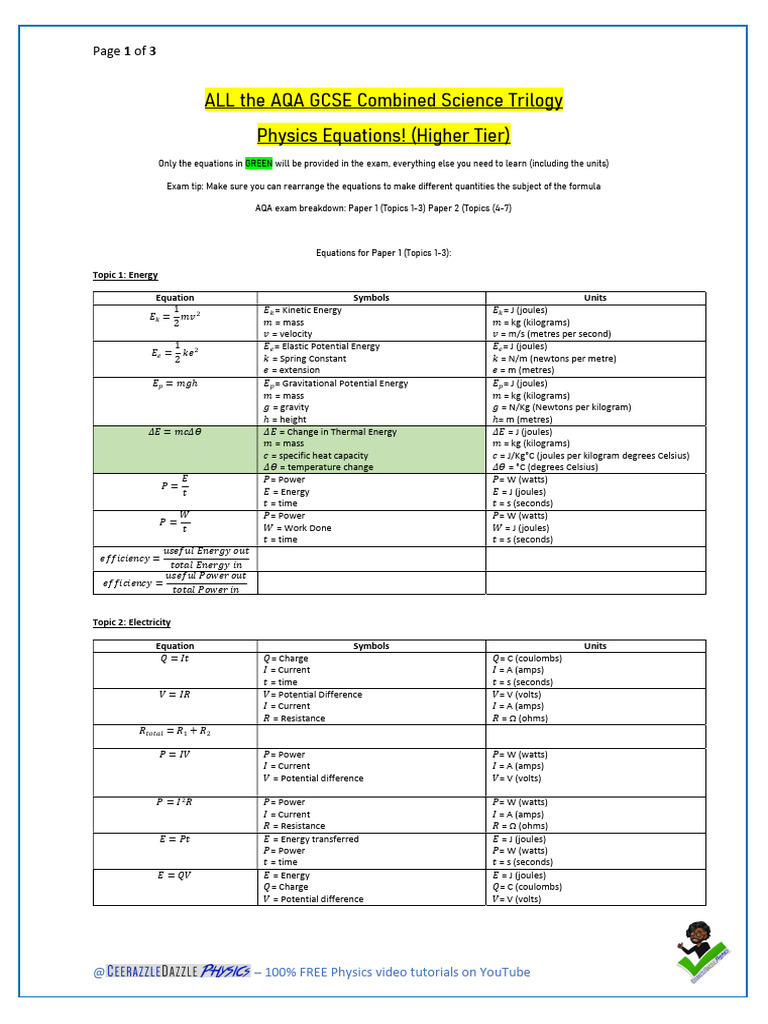 AQA GCSE Combined Science Physics Complete Equation Sheet | PDF | Heat ...